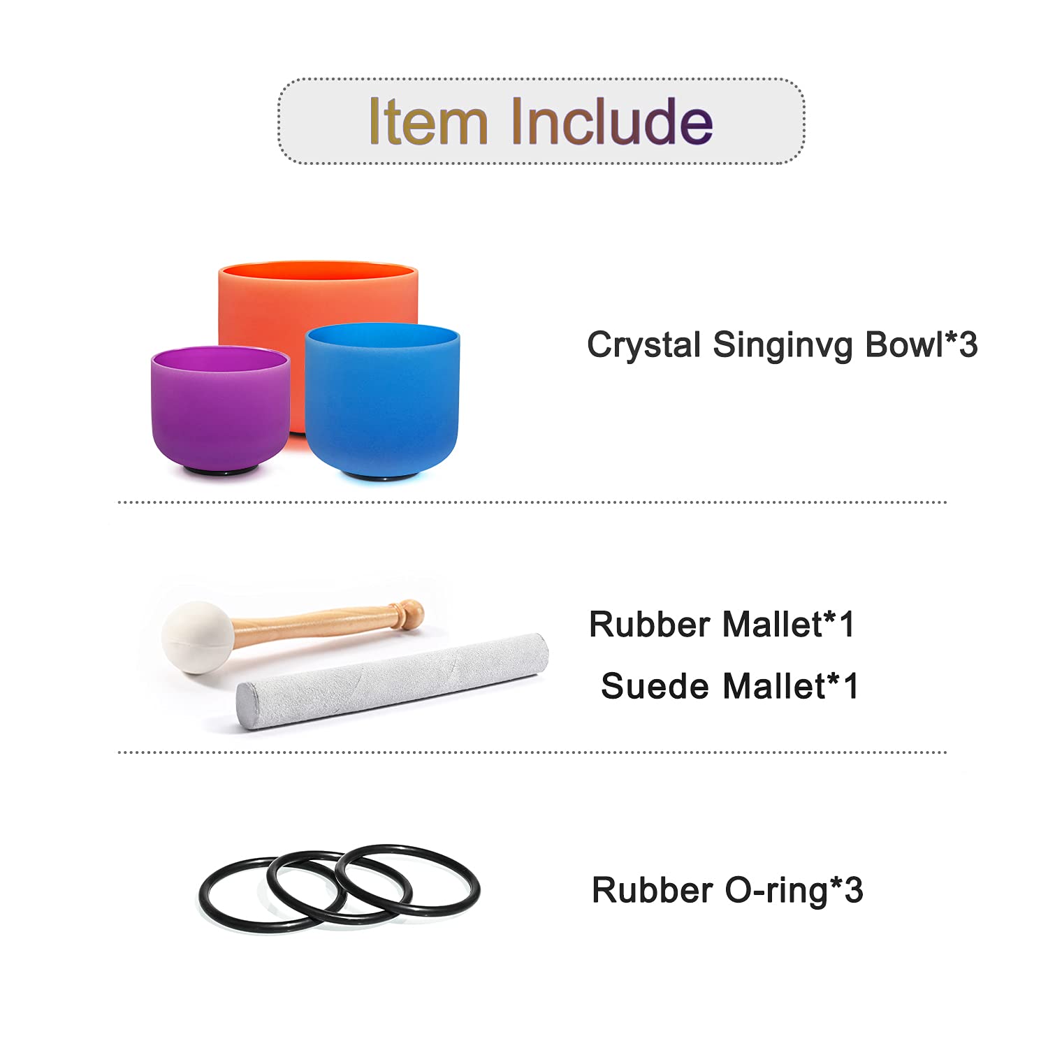CVNC Set of 3 PCS Colored 6" B Note 8" G Note 10" D Note Frosted Quartz Crystal singing bowl For Sound Healing Meditation