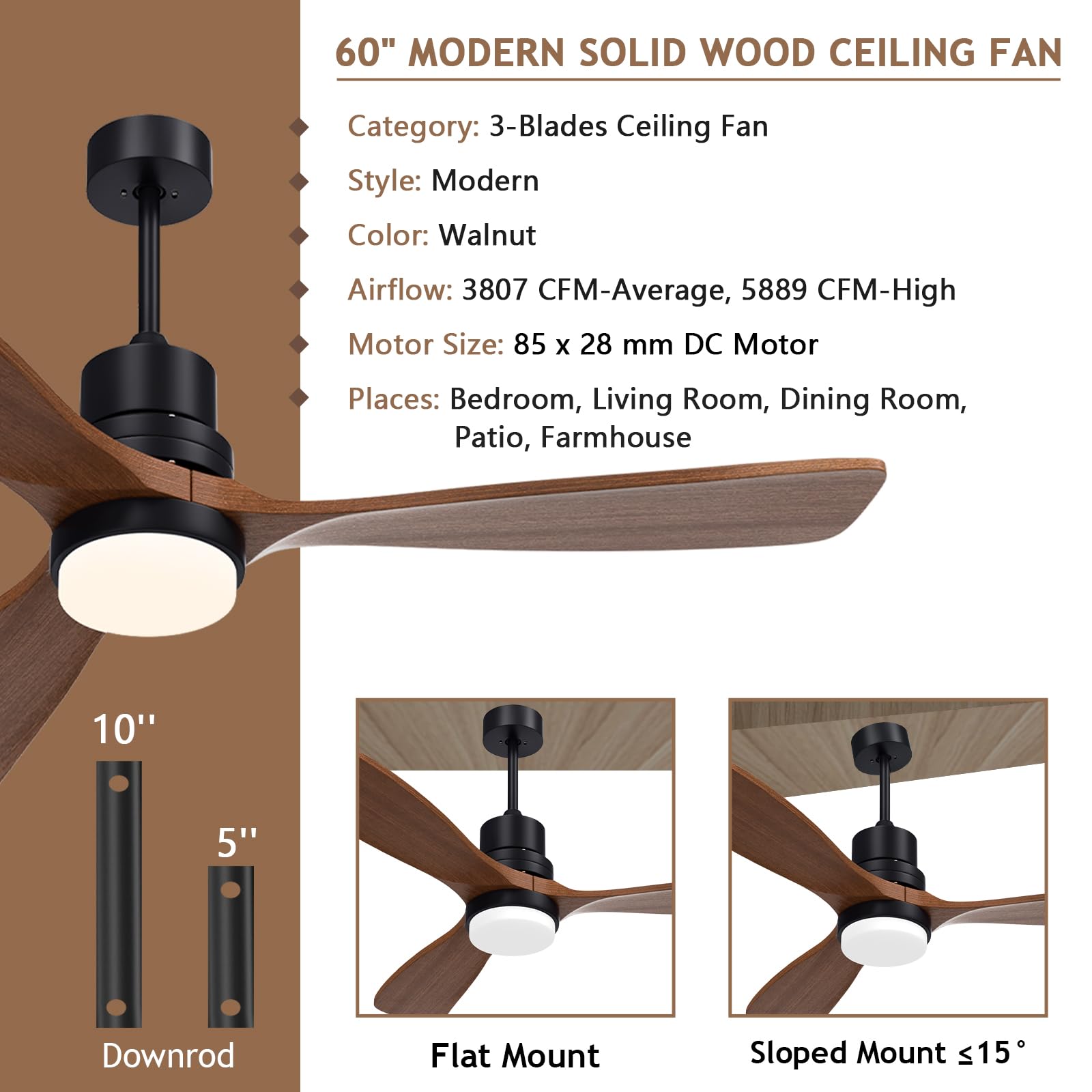 60'' Ceiling Fan with Light Remote Control Modern 3 Wood Blade Ceiling Fan, Outdoor Ceiling Fan Reversible DC Motor and Matte Black