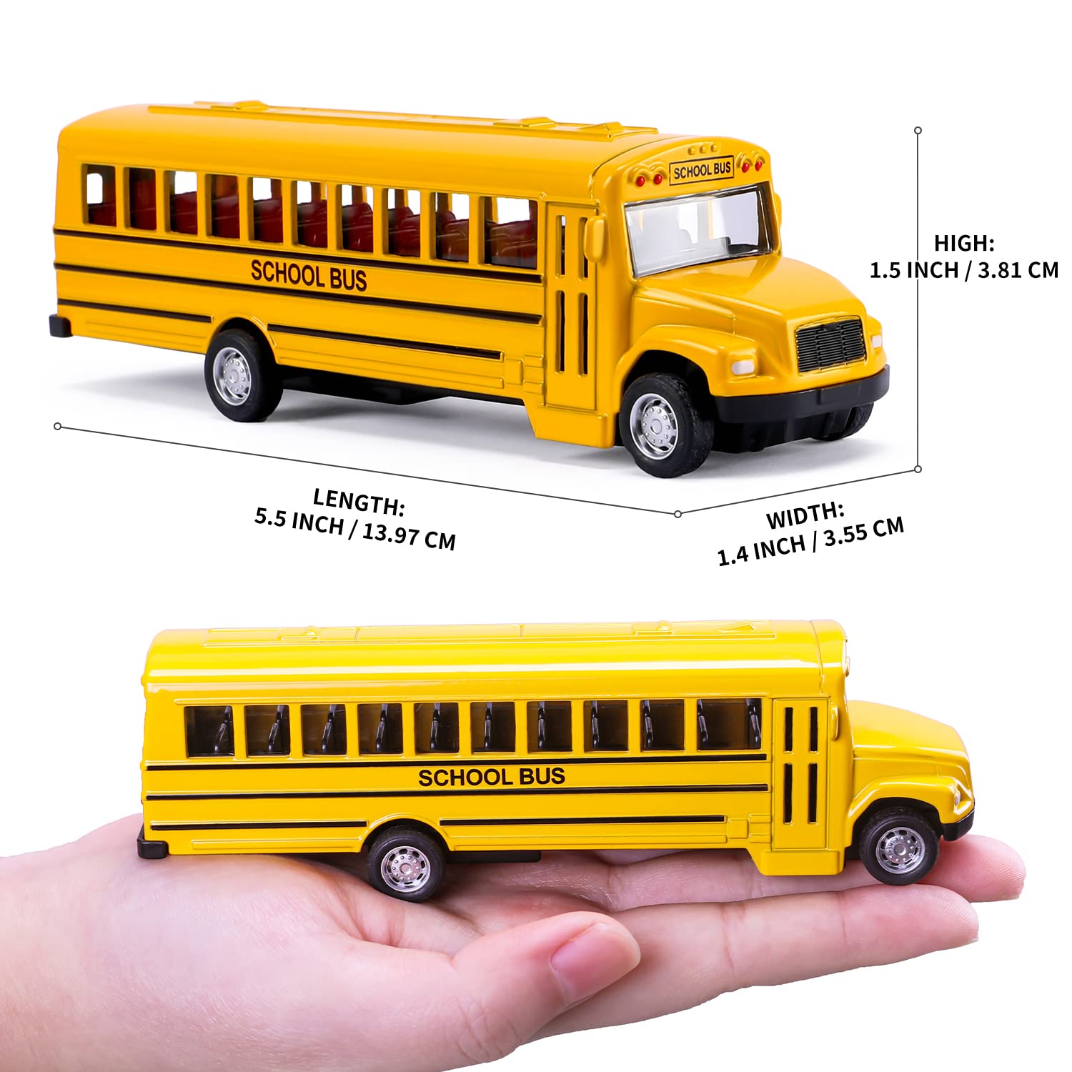 DUNRIOG TOYS 2 Pack 5.5'' Pull Back School Bus, Die-cast Metal Toy Vehicles with Bright Yellow for Kids Boys Girls