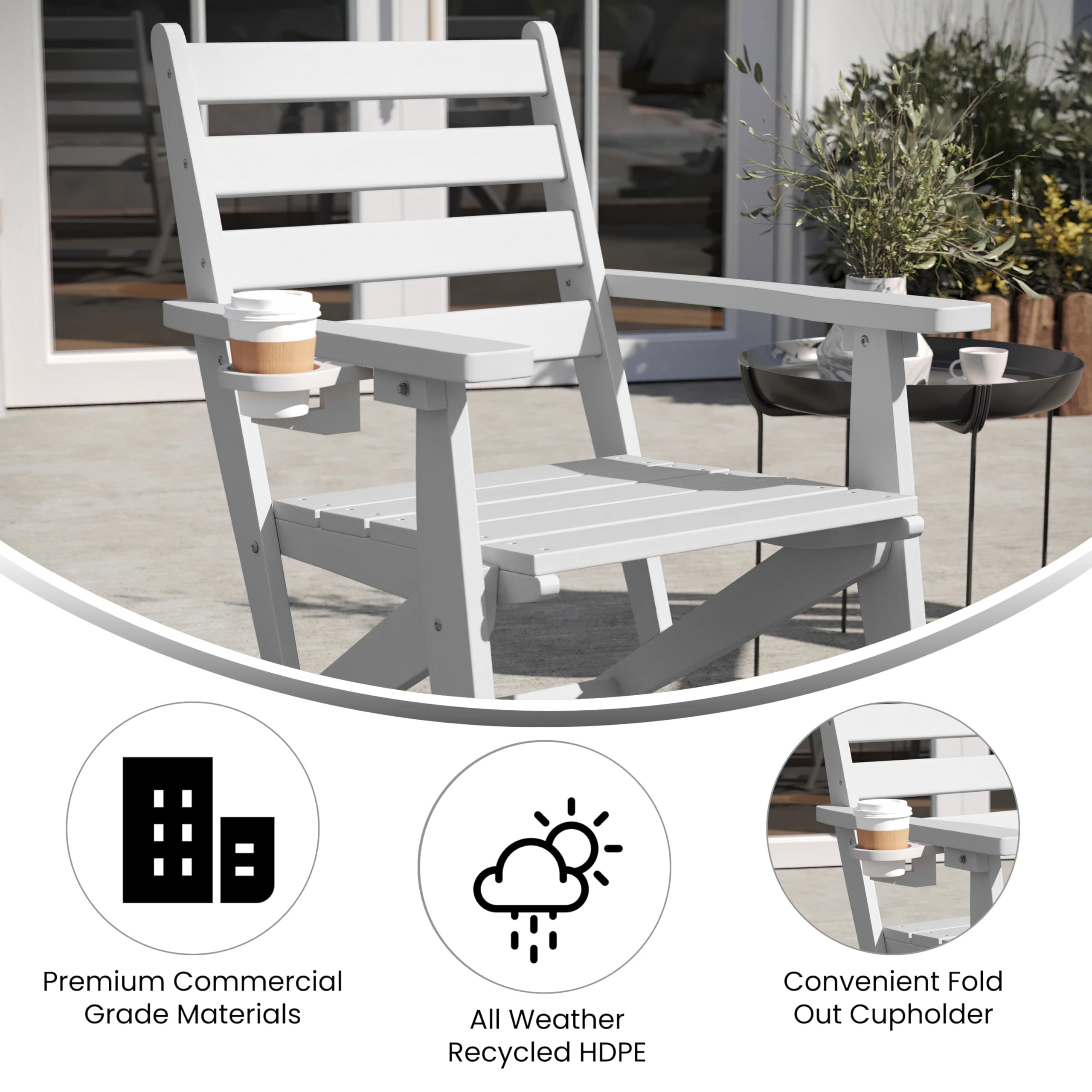 Flash Furniture Tolleson Adirondack Dining Chair with Cup Holder, Commercial Weather Resistant Recycled HDPE Adirondack Chair, Fold Out Cupholder, White