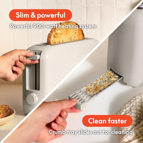 bella 2 Slice Slim Toaster, Fits-anywhere™ Kitchenware, 6 Setting Shade Control with Reheat & Cancel Buttons, Removable Crumb Tray, 10” Long Slot, Anti Jam & Auto Shutoff, 900 Watt, Oatmilk