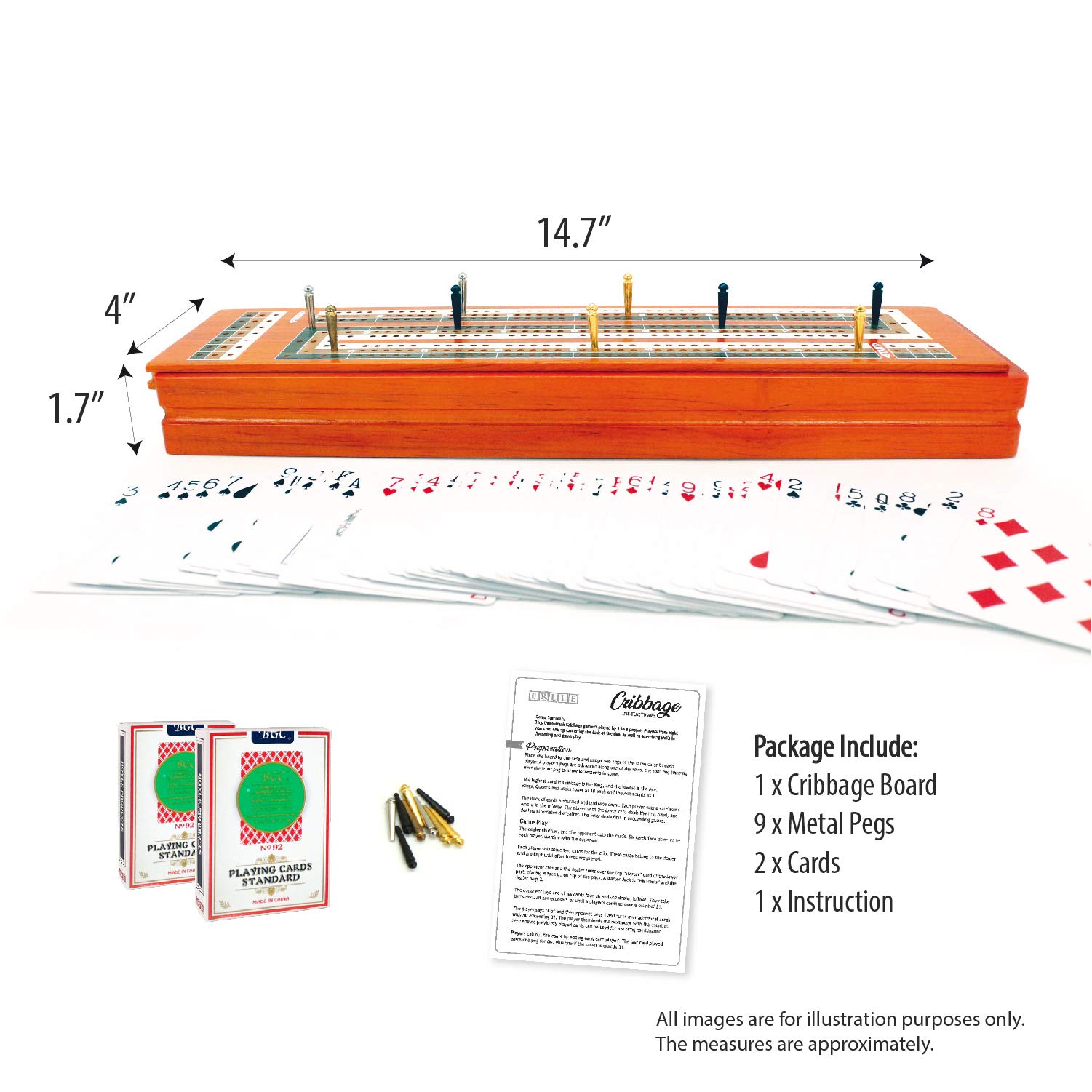 CRIBBAGE BOARD GAME SET. UNIQUE LARGE WOODEN CONTINUOUS 3 TRACK BOARD WITH LARGER STORAGE AREA, 9 METAL PEGS AND 2 DECKS OF PLAYING CARDS. TRAVEL PORTABLE CRIBBAGE PERSONALIZED BOARDS CARD GAME SETS