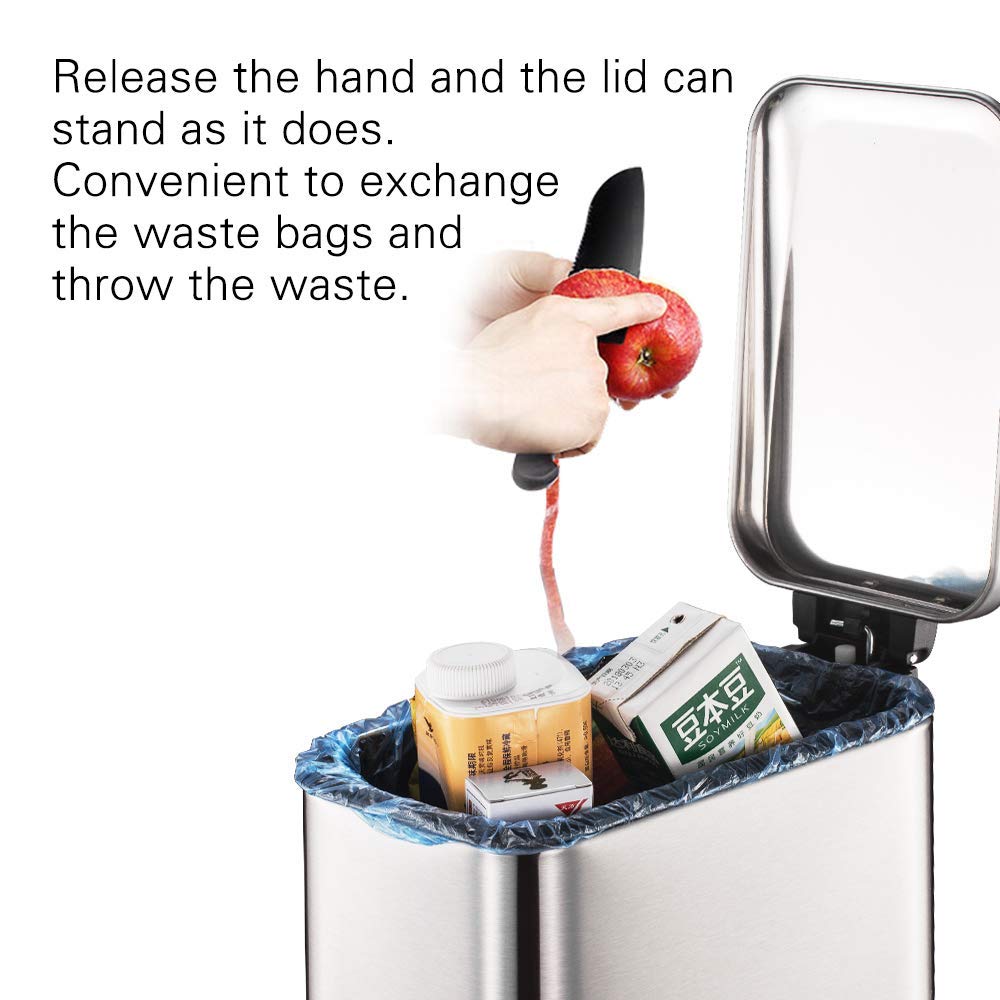 CLTEC 5L/1.3Gal Stainless Steel Trash Can with Lid Soft Close, Removable Inner Waste Basket, Slim Small Garbage Can, Rectangular Step Trash Bin for Bathroom Bedroom Office, Anti-Fingerprint, Silver