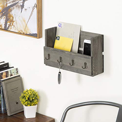 MyGift Rustic Gray Wood Entryway Hanging Mail and Key Holder for Wall, Decorative Letters Bills and Mail Sorter Organizer with 4 Hooks
