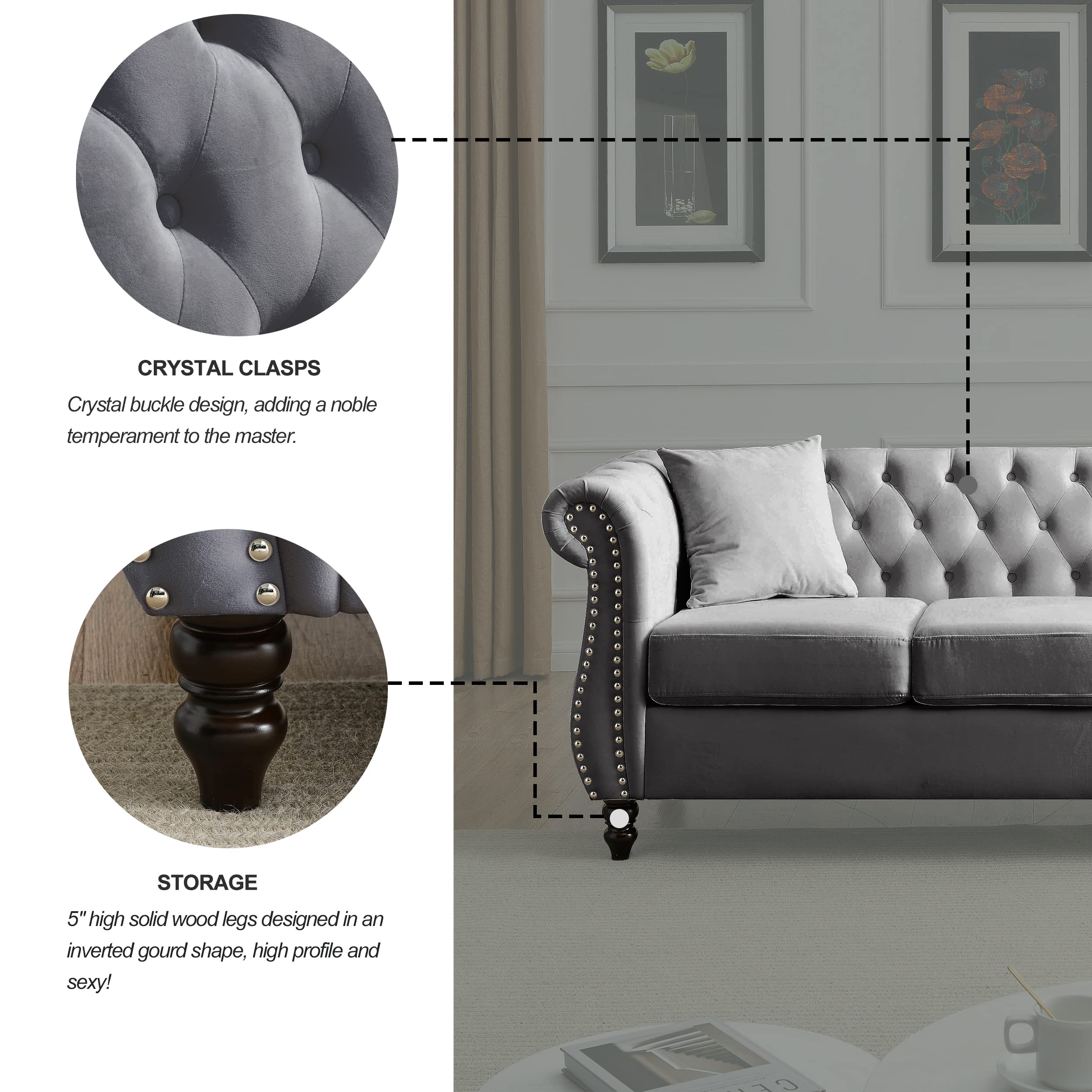 Bellemave 80" Chesterfield Sofa Couch Velvet 3-Seater Sofa with Two Pillows, Nailhead & Rolled Arms Upholstered Sofa with Curved Backrest Solid Wood Legs for Living Room, Bedroom, Office (Grey)