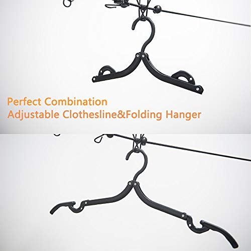 YOROYAL Travel Elastic Clothesline with 6pcs Portable Adjustable Clothes Hanger, 1 Pack Drawstring Organizer Backpack, Perfect for Camping, Hotel and Other Outdoor / Indoor Use (Black)