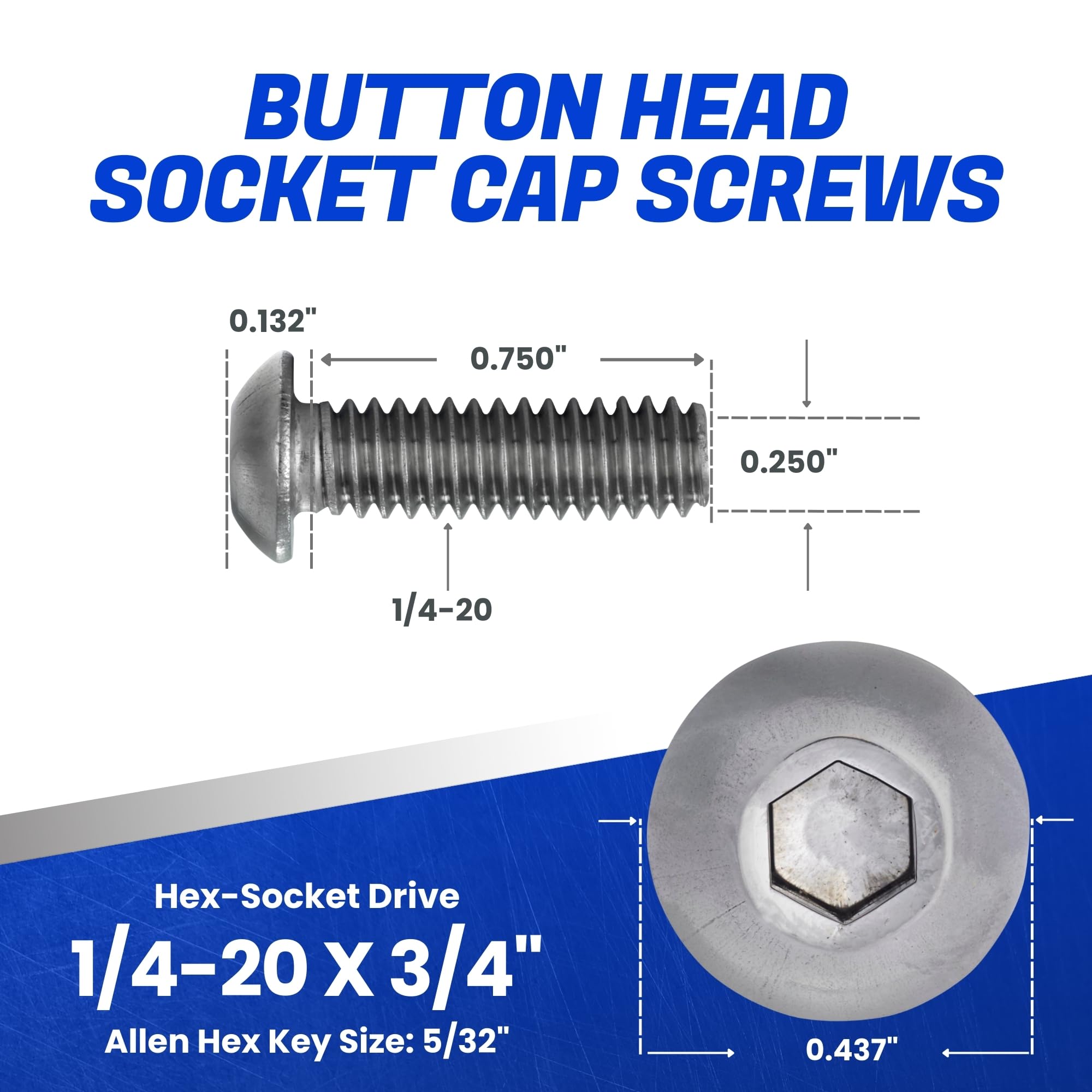 Fastenere Button Head Socket Cap Screws - 1/4-20 x 3/4", 18-8 (25-Pcs) Stainless Steel, Fully Threaded,Fine Black Oxide Finish, Corrosion-Resistant, Machine Thread, Easy to Install w/Allen Hex Drive