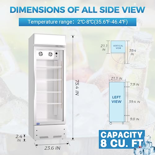 HIPOPLLER Refrigeration Glass 1 Door Upright Display Beverage Cooler Merchandiser with LED Lighting; 10.9 Cubic Ft., Silver