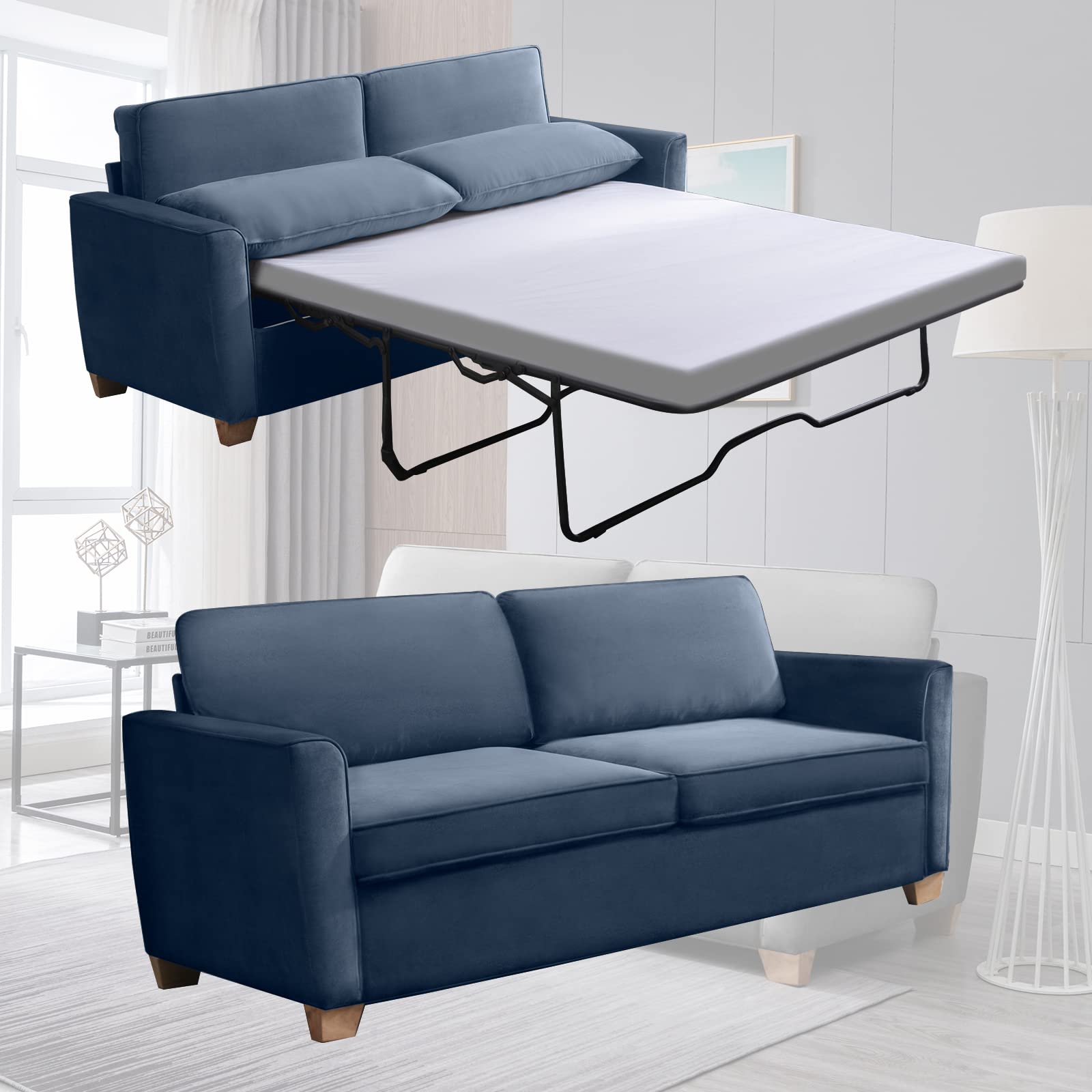 PUREMIND 70" Folding Sofa Bed with Comfortable Mattress, Convertible Sleeper Sofa Pull Out Couch for Living Room, Velvet Upholstery, Easy Assembly, Ideal for Small Spaces, Full Size, Blue
