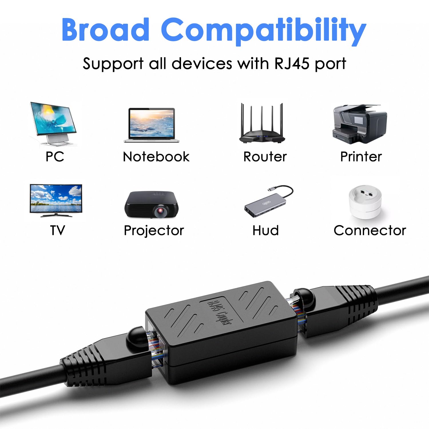 Dingsun RJ45 Coupler, Ethernet Extender, in-Line Coupler Female to Female Ethernet Coupler for Cat7/ Cat6/ Cat5/ Cat5e Ethernet Cable Extender Adapter (2Pack, Black)