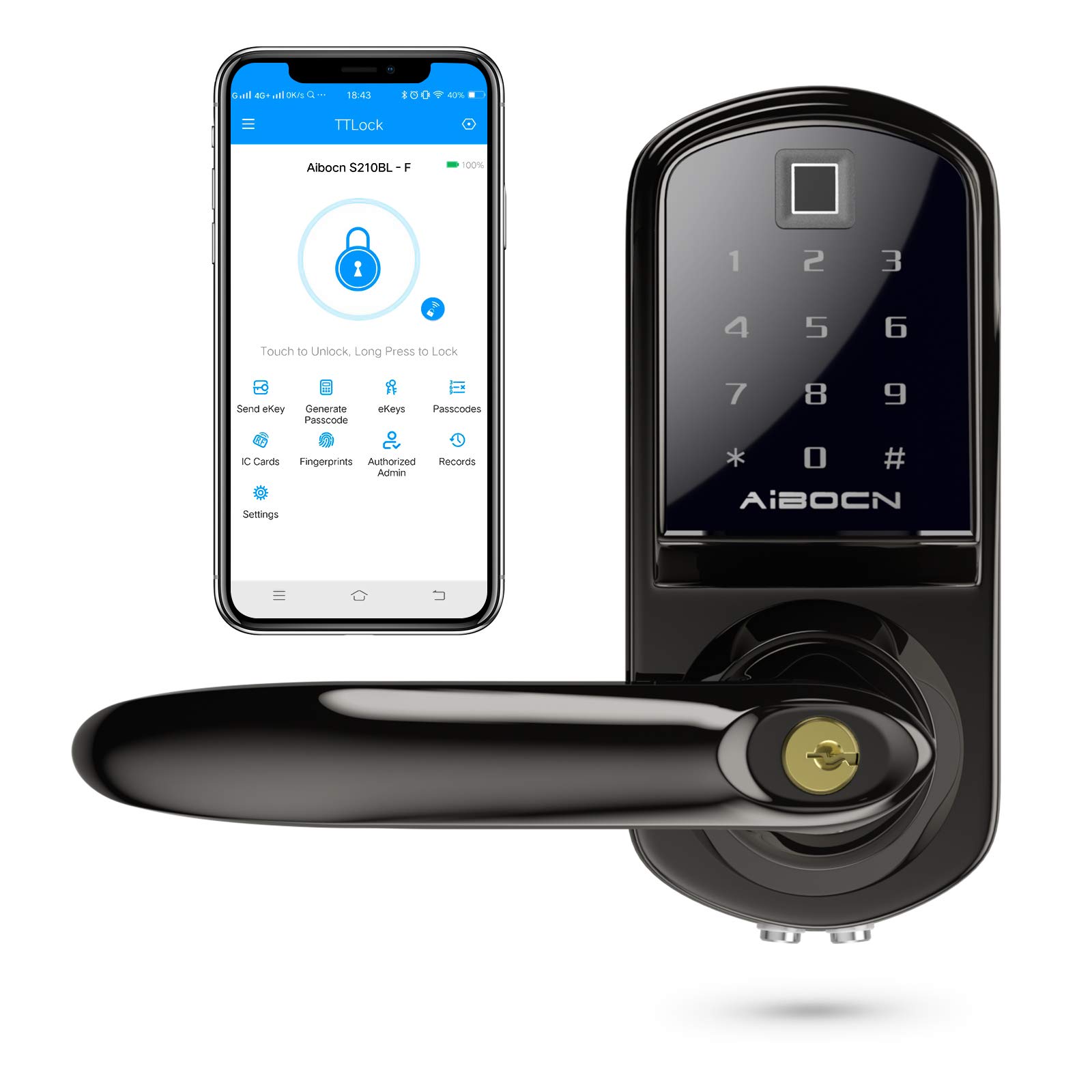 Aibocn Smart Lock, Keyless Entry Door Lock with Bluetooth, Touchscreen Keypad Deadbolt Lock with App, Fingerprint, IC Card, Code, Easy to Install for Home Hotel Apartment, Reversible Door Lever