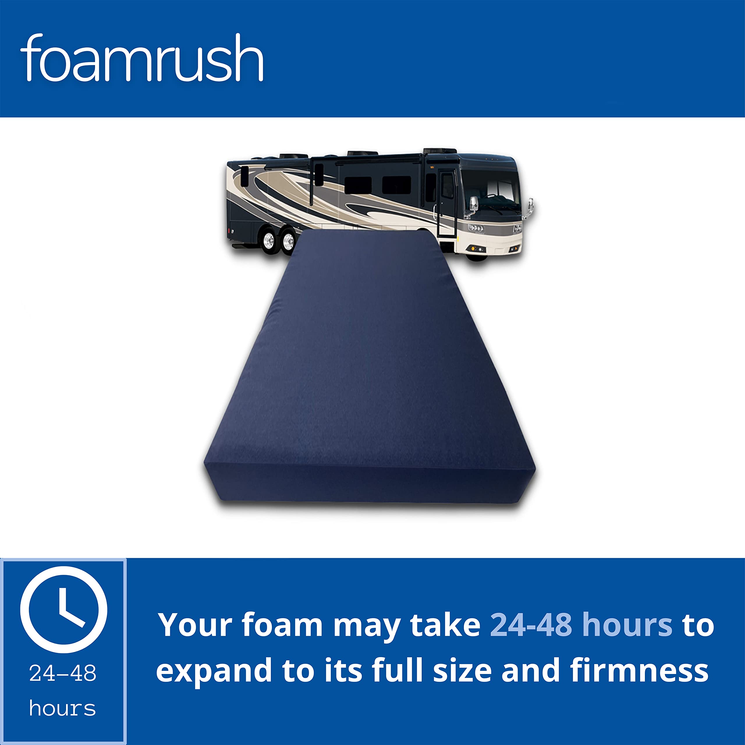 FoamRush 10-inch Bunk (30" x 72") High Density Foam RV Mattress Replacement With Canvas Navy Cover, Medium Firm, Made in USA, Camper Trailer, Removable Water-Resistant Outdoor/Indoor Cover with Zipper