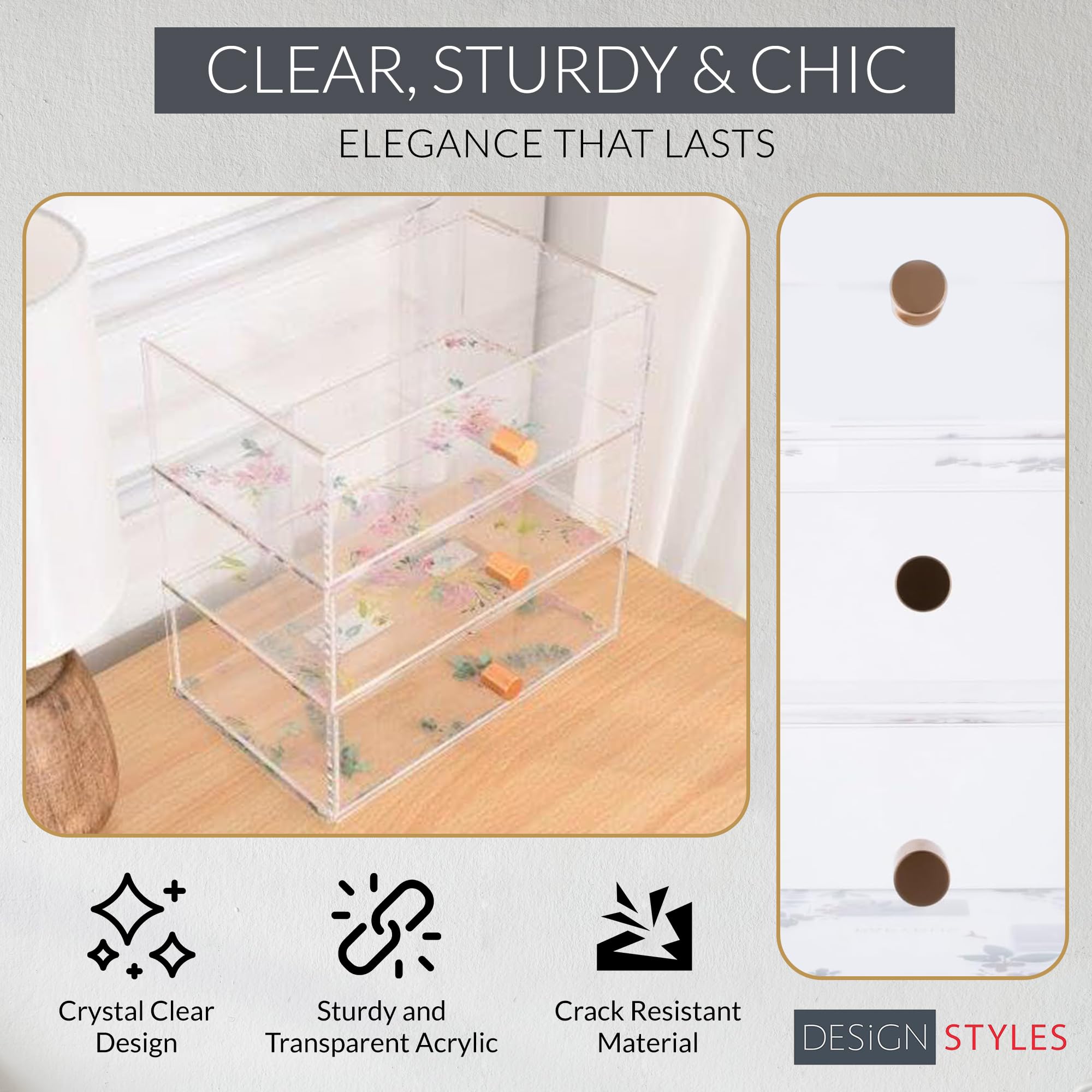 Papyrus Acrylic Vanity Organizer – 3 Drawer Desk Organizer with Gold Drawer Pulls – Clear Drawers for Bathroom, Desk, Vanity – Small Storage Cabinet