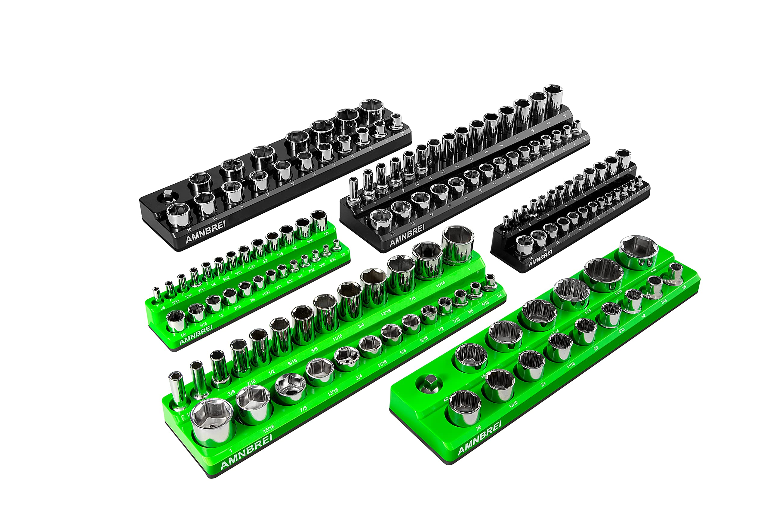 AMNBREI Magnetic Socket Organizer, 6 Piece Set Metric and SAE Magnetic Socket holders Holds 143 Sockets, 1/2-inch, 3/8-inch, 1/4-inch Drive, Attaches to Metal Wall, Organizer Tool Box, Green and Black