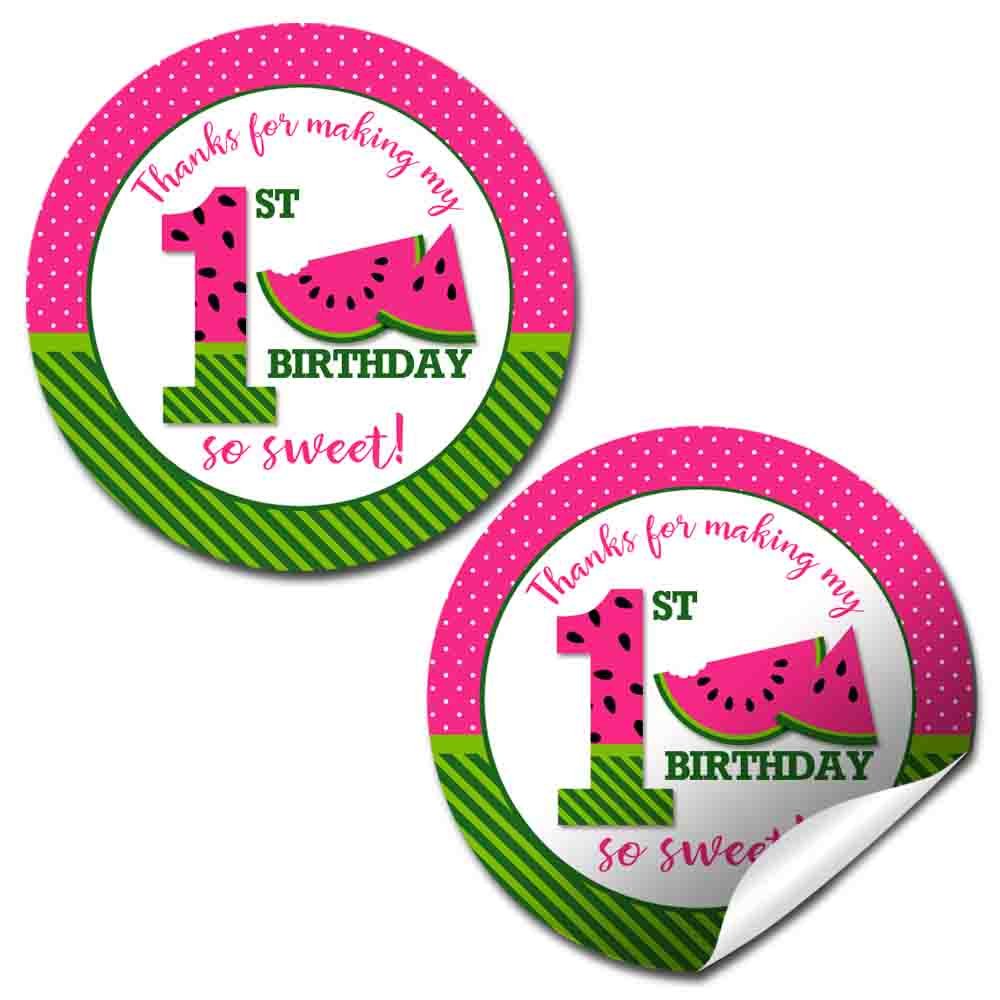 Pink Watermelon 1st Birthday Party Thank You Sticker Labels, 40 2" Party Circle Stickers by AmandaCreation, Great for Party Favors, Envelope Seals & Goodie Bags