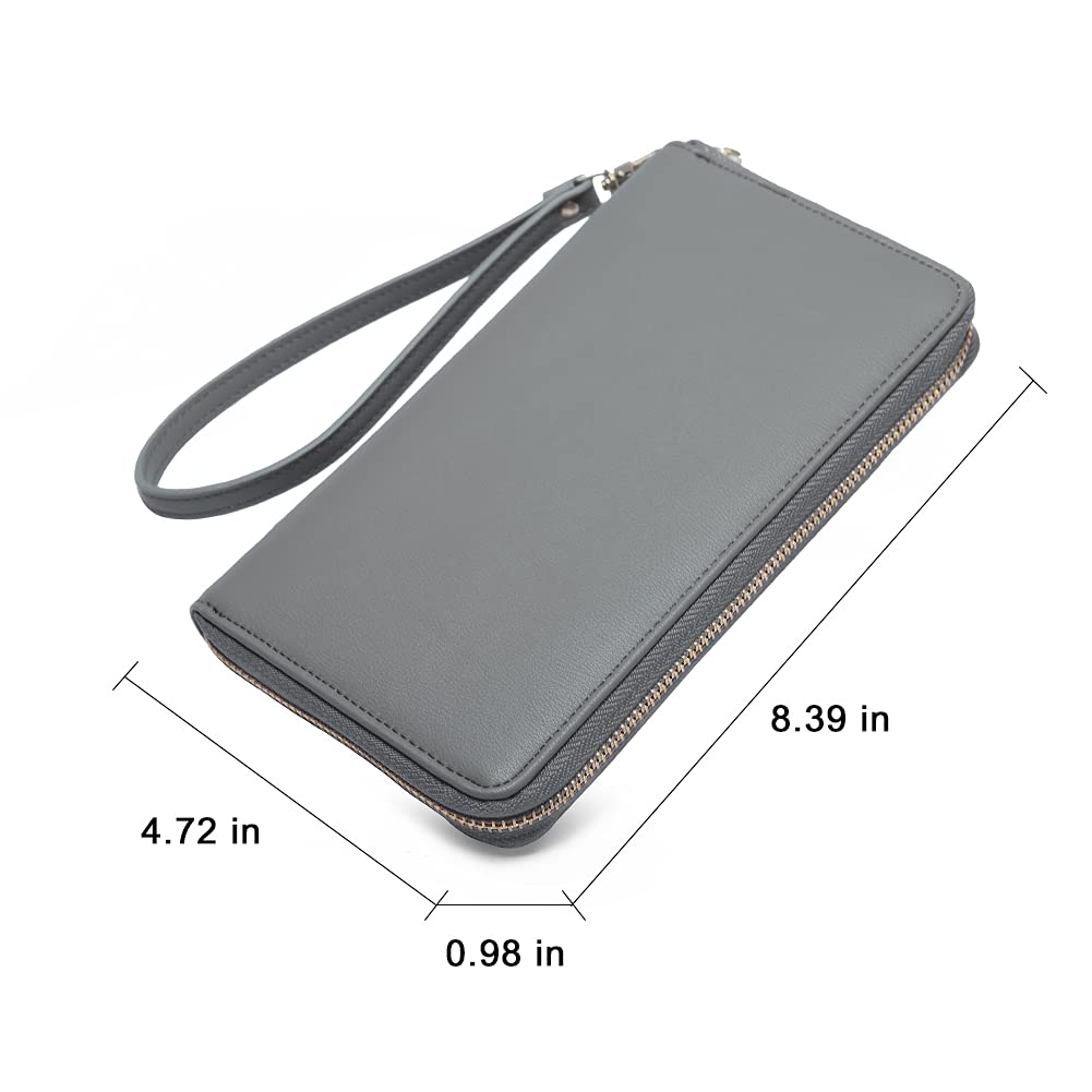 CLUCI Womens Wallet Large Leather Clutch Ladies Travel Purse Zipped Large Multi Card Organizer with Wristlet Gray