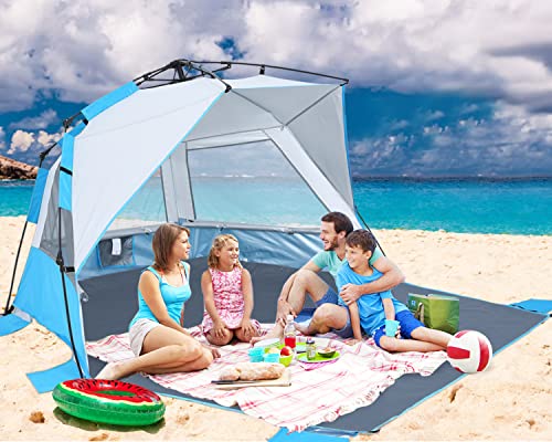 ABCCAMPING Beach Tent Instant Pop up Sun Shade Shelter for 4-6 Person with UV Protection,Extended Floor,3 Mesh Roll Up Windows with Carry Bag, Sandbags, Stakes(Sky Blue)