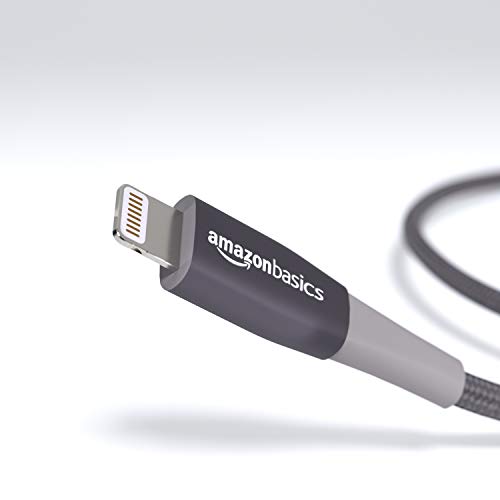 Amazon Basics Double Nylon Braided USB-A Cable with Lightning Connector, Premium Collection, MFi Certified Apple iPhone 14 13 12 11 X Xs Pro, Pro Max, Plus, iPad, Dark Grey, 3-Ft, 2 Pack