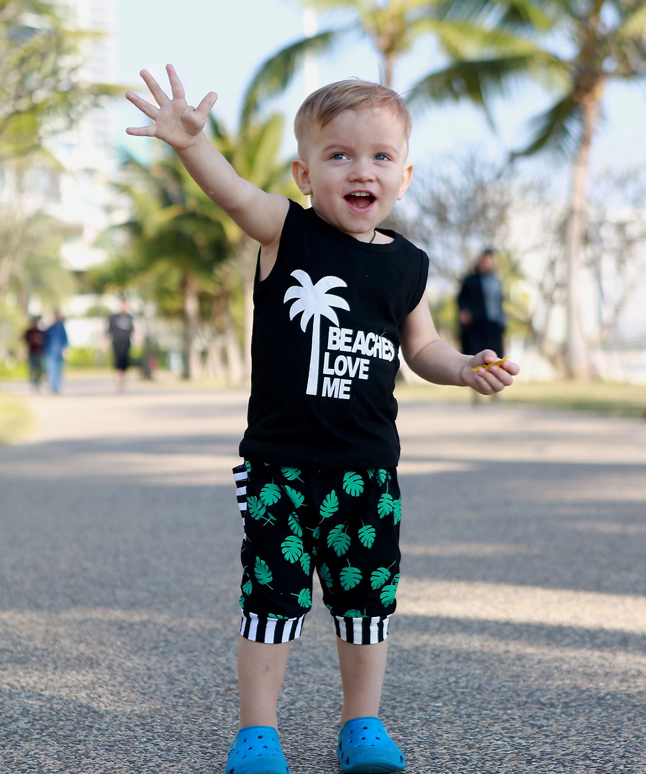 YOUNGER TREE Toddler Baby boy summer clothes Beaches Love Me Sleeveless Vest Tops+Shorts Kid Casual outfits (Black, 6-12 months)