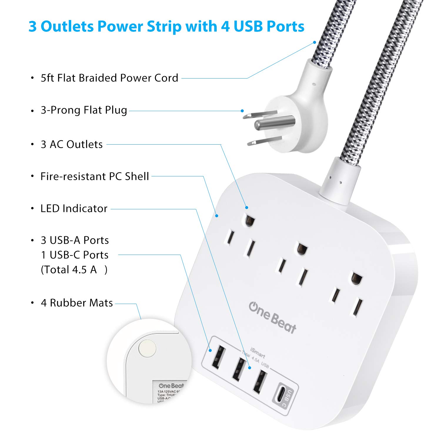 Cruise Power Strip 3 Outlets 4 USB Ports, Flat Plug, 5 Ft Extension Cord Non Surge Portector