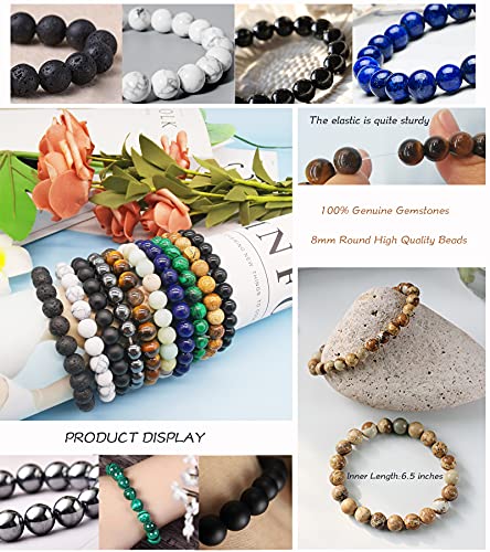 JEWPARK 10PCS 8mm Semi-Precious Gemstone Bracelet Set Healing Crystal Stone Stretch Bracelets for Men Women Round Beaded Elastic Bracelets