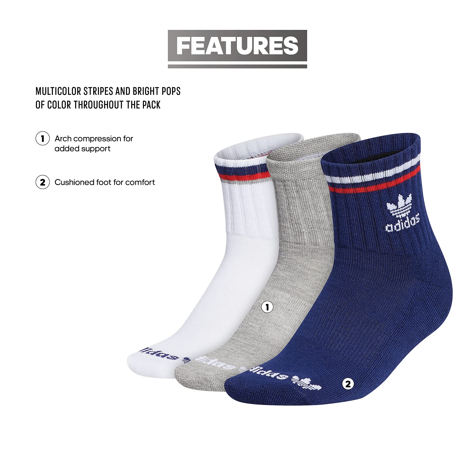 adidas Originals Women's Cosmic Cushioned Quarter Socks (3-Pair), Night Sky Blue/White/Heather Grey, Medium