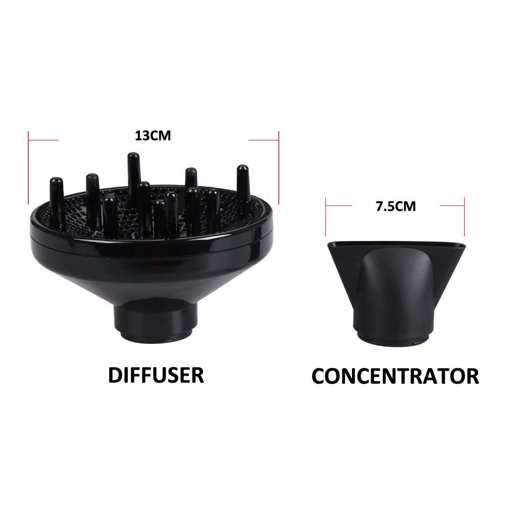 MHU Professional Salon Grade 1875w Low Noise Ionic Ceramic Ac Infrared Heat Hair Dryer Plus One Concentrator and One Diffuser Black Color