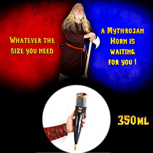 Mythrojan THE WEALTHY MERCHANT - Viking Drinking Horn with Black Leather holder Authentic Medieval Inspired Viking Wine/Mead Mug β Polished Finish