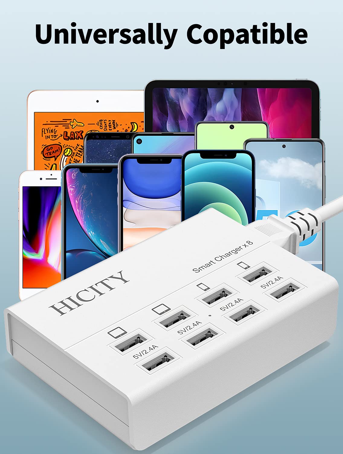 USB Charging Station, 8-Port USB Charger Hub 50W/10A Multi Port Charger for Phone iPad Tablet Multiple Devices (5ft Detachable Cord, White)