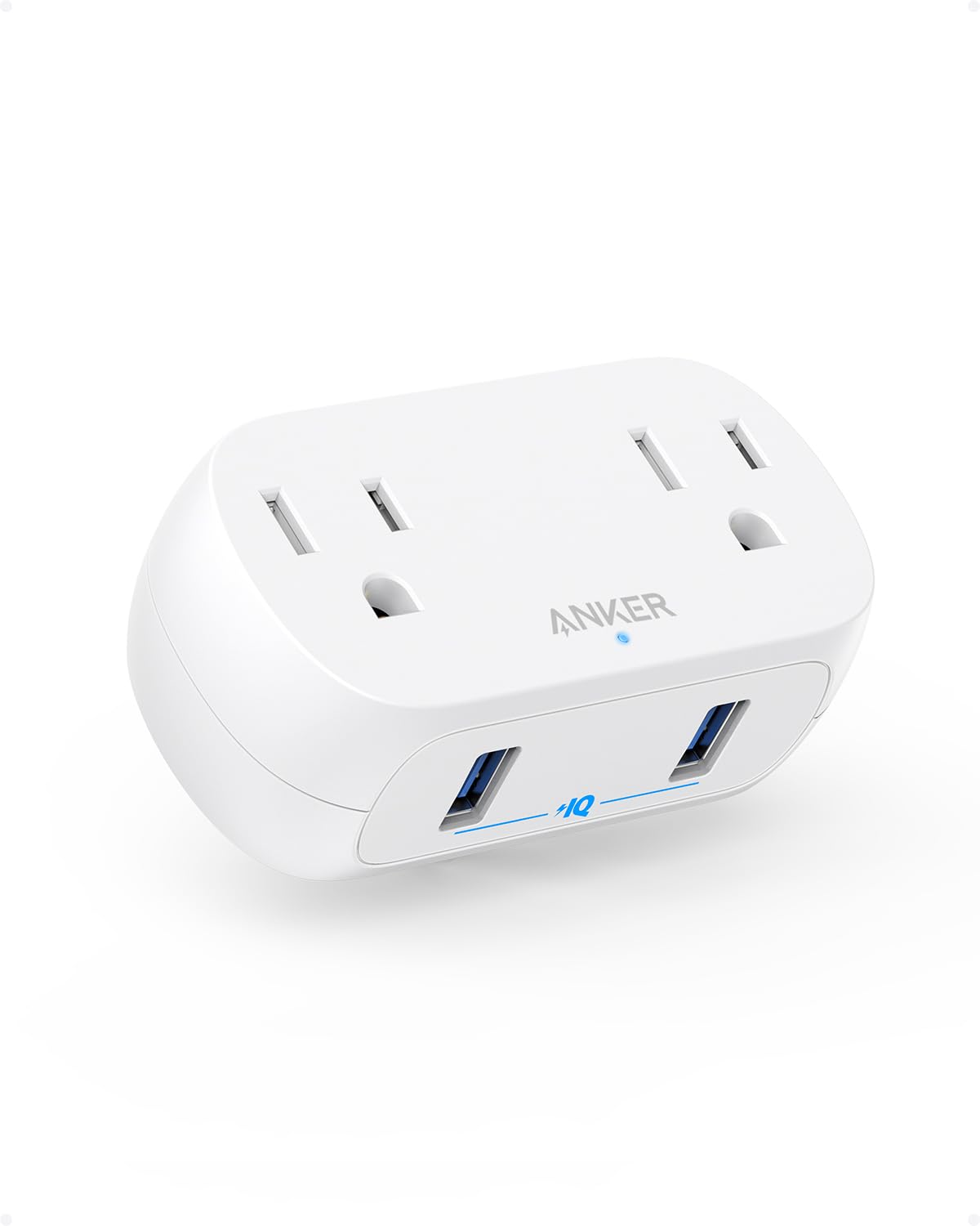 Anker Outlet Extender with USB Wall Plug, PowerExtend USB Plug 2 Mini Charger with 2 Outlets, 2 USB Ports, and PowerIQ Technology, Compact for Travel, Desk, and Cruise Essentials