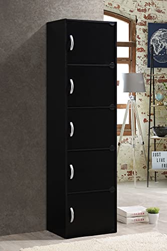 HODEDAH 5 Door Bookcase Cabinet, 5-Shelf, Black