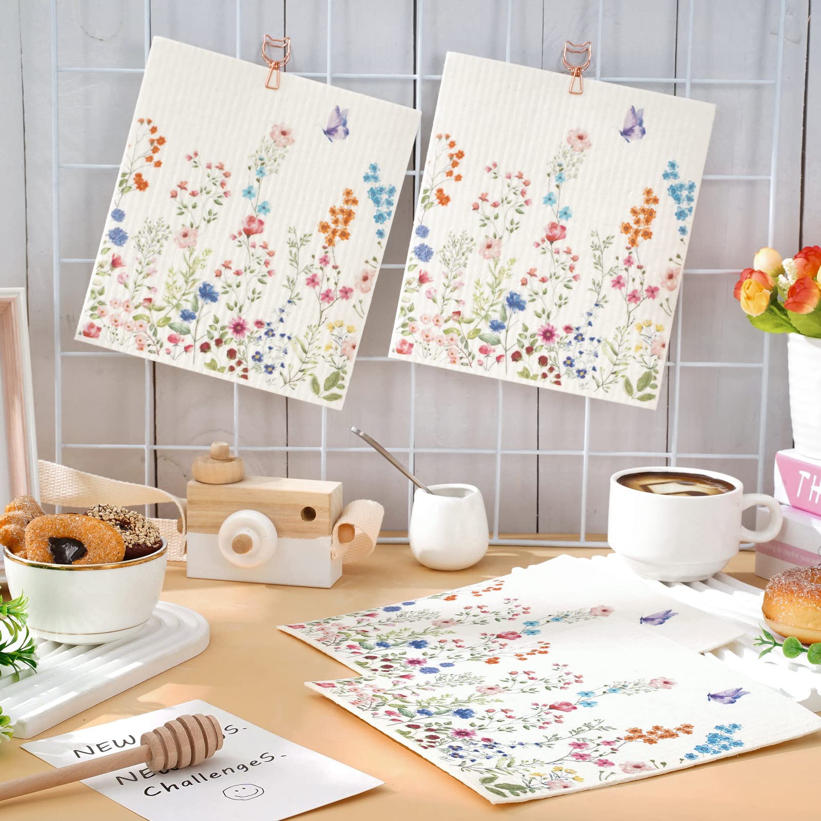 AnyDesign Wildflower Swedish Kitchen Dishcloth Watercolor Spring Flowers Butterfly Cotton Kitchen Towel Absorbent Reusable Cleaning Dishcloths for Home Party Cleaning Housewarming, 7 x 8 Inch, 4 Pack