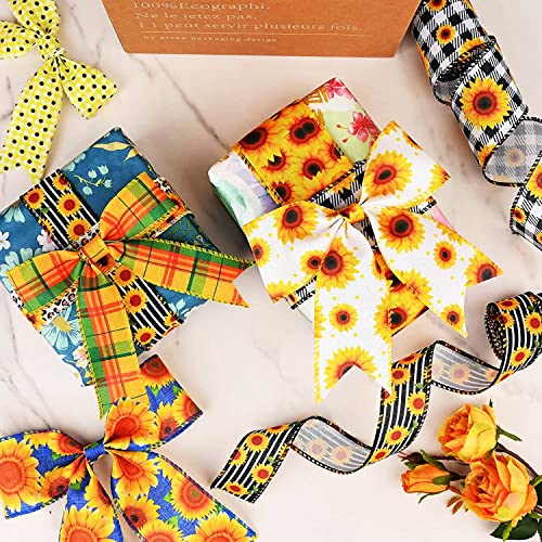 Kuscul 8 Rolls 32 Yards Sunflower Wired Ribbon Fall Autumn Wired Edge Ribbon Thanksgiving Fabric Decorative Ribbon for Gift Wrapping Hair Bow Sewing Crafts Wreath, 2.5in/ 1.5in
