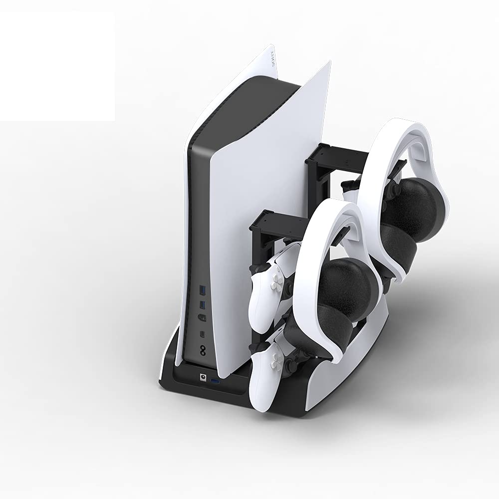 EJGAME Vertical Stand Dual Charging Station with Suction Cooling Fan Compatible with PS5 Console and PS5 Digital Edition, Built-in Headset Holder,Media Remote Stand and13 Game Rack Organizer