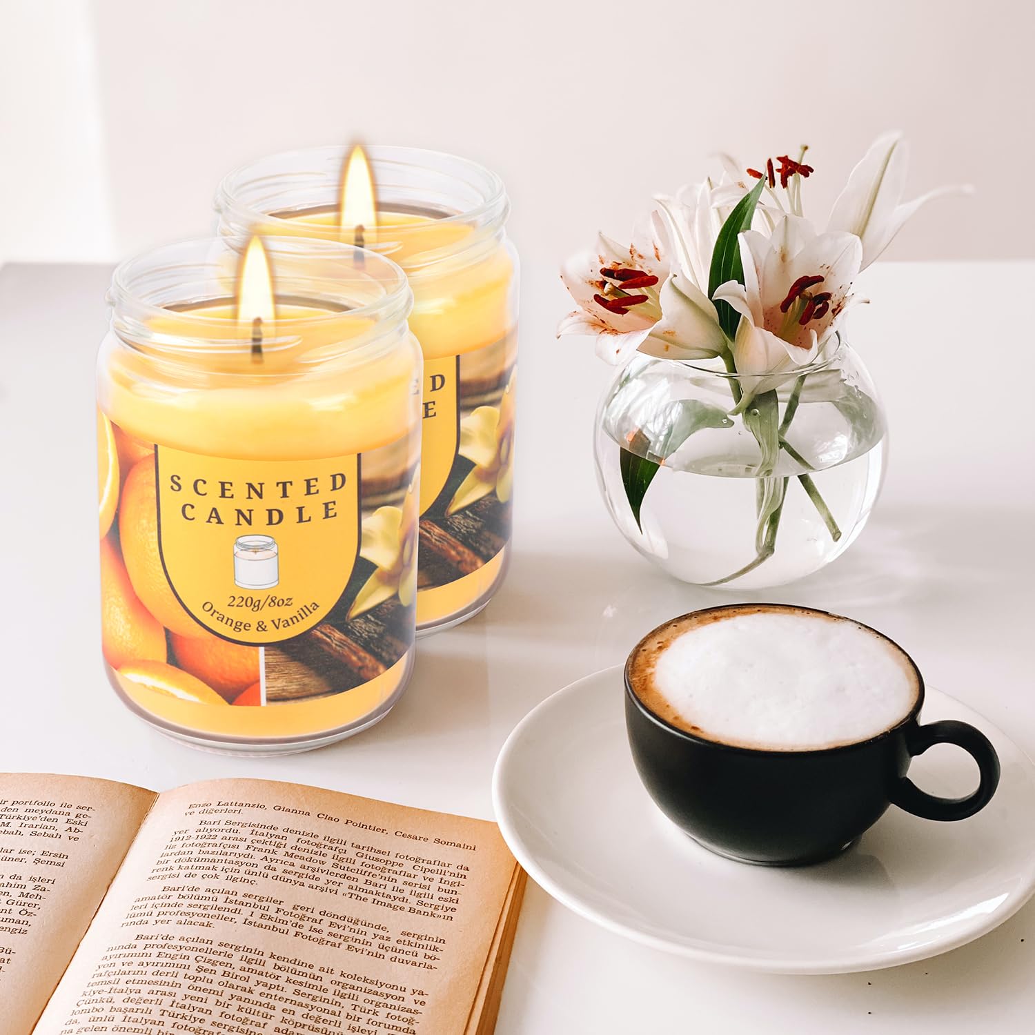 Pack of 2 Orange & Vanilla Odor Elimination Scented Candles Gift Set for Women, Soy Wax Aromatherapy Candles for Home