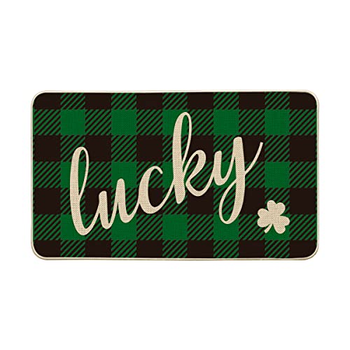 Artoid Mode Buffalo Plaid Lucky Clover Shamrock Decorative Doormat, Seasonal Spring St. Patrick's Day Holiday Low-Profile Floor Mat Switch Mat for Indoor Outdoor 17 x 29 Inch