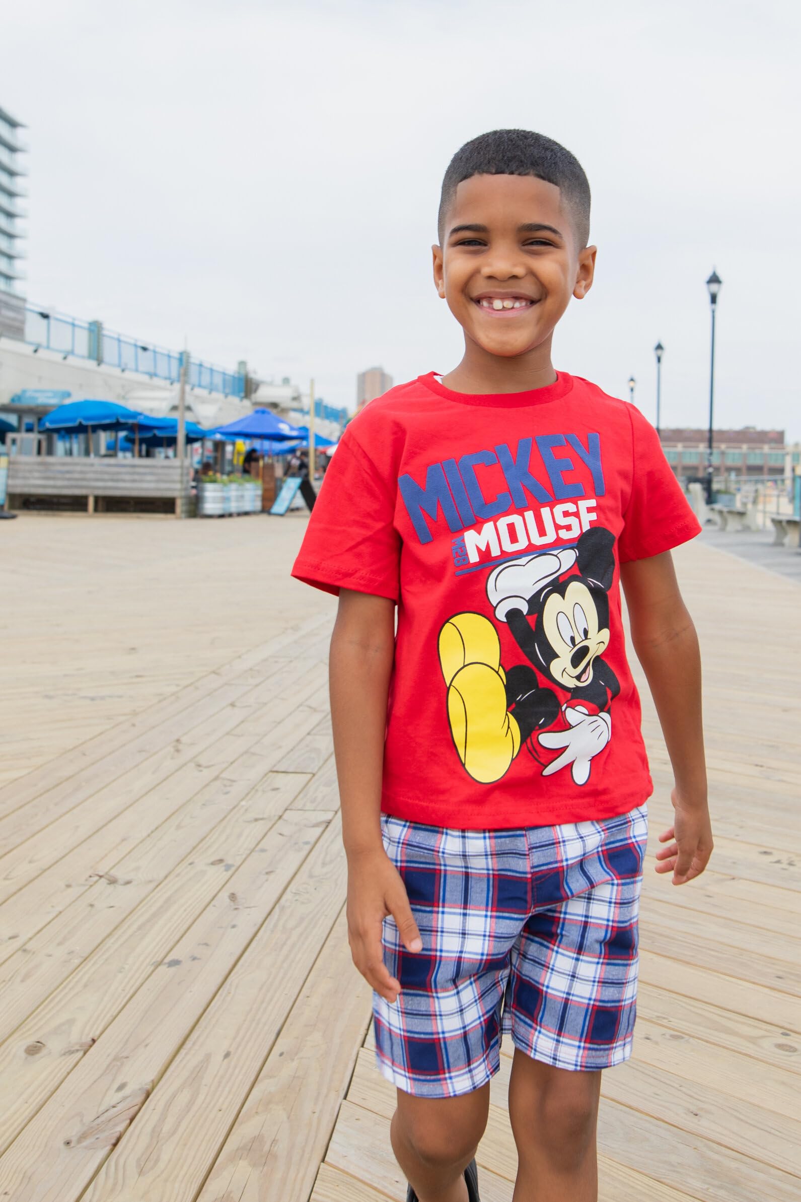 Disney Toddler Boys' Mickey Mouse Plaid Short Set with T-Shirt, Red, 3T