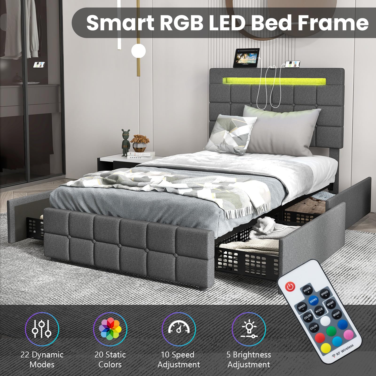 KOMFOTT Twin Bed Frame with Charging Station & LED Lights, Upholstered Platform Bed Frame with Adjustable Headboard & 4 Storage Drawers, Solid Wooden Slats Support, No Box Spring Needed, Noise Free