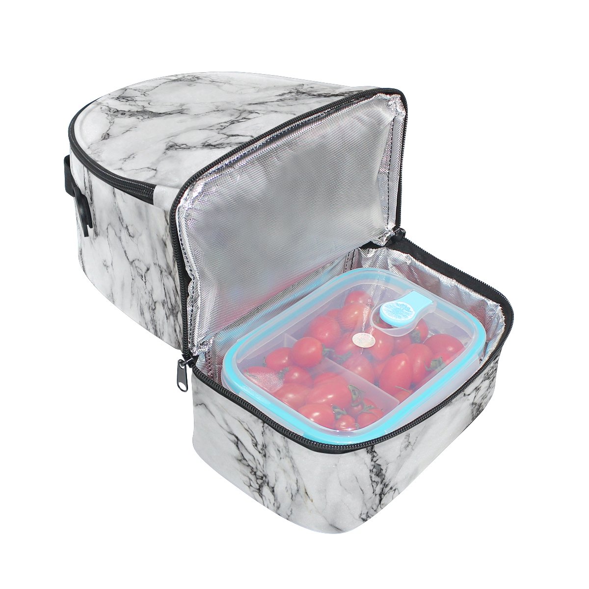 ALAZA White Aqua Black Marble Texture Portable Shoulder Double Lunch Box Bag Insulated Lunch Tote Outdoor Bag