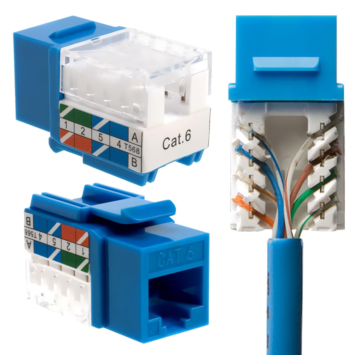 SATMAXIMUM Cat6 Keystone Ethernet Wall Jack Punch Down UTP 45-Degree (Easier Termination Than 90-Degree), RJ45 Slim Profile Speed Termination Blue 45° Angled (50 Pack)