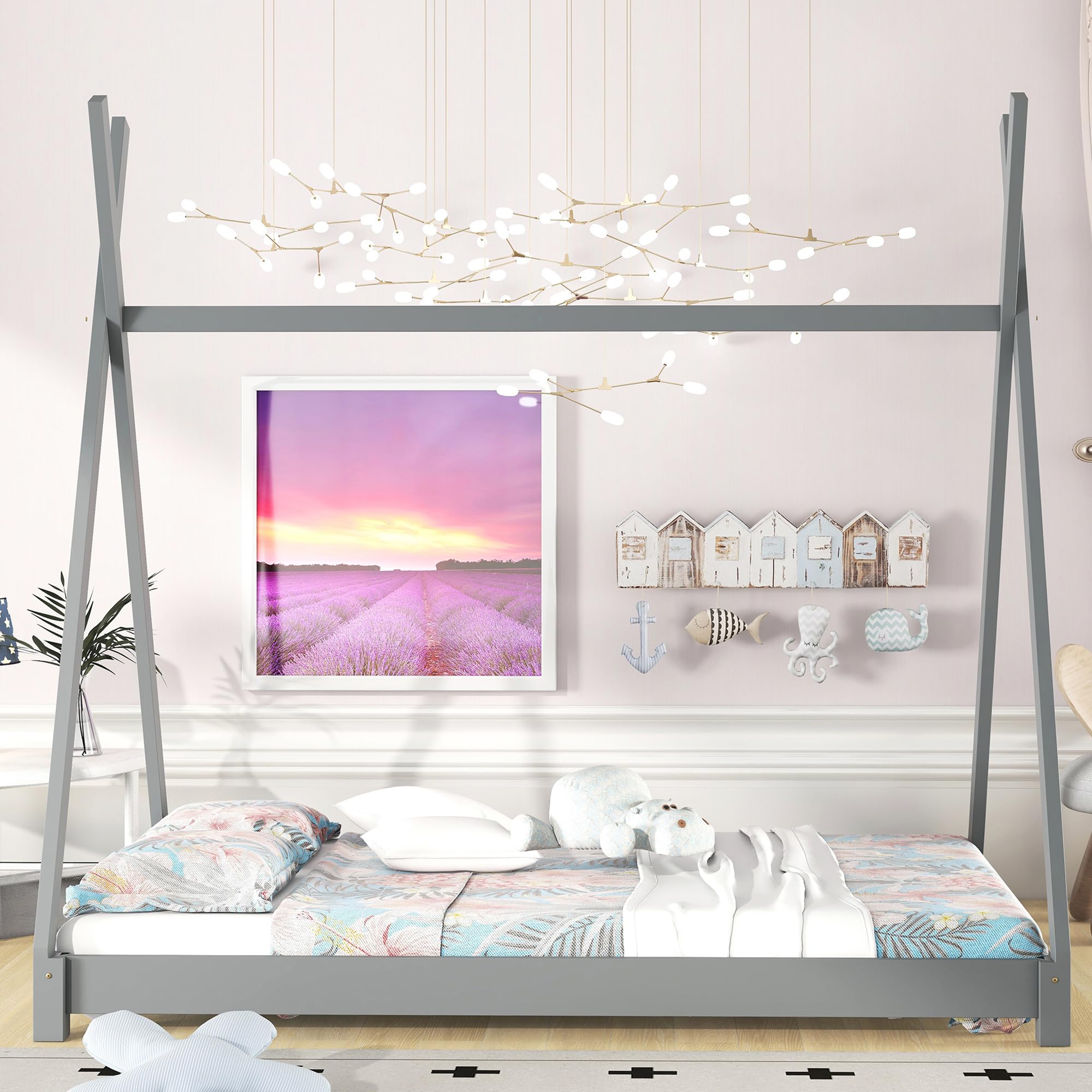Wood Montessori Floor Bed Frame Twin Size, Twin Floor Bed with Slats and Triangle Structure, Kids Floor Bed Twin Size/Montessori Bed for Kids, Girls, Boys, Twin Bed Frame Gray