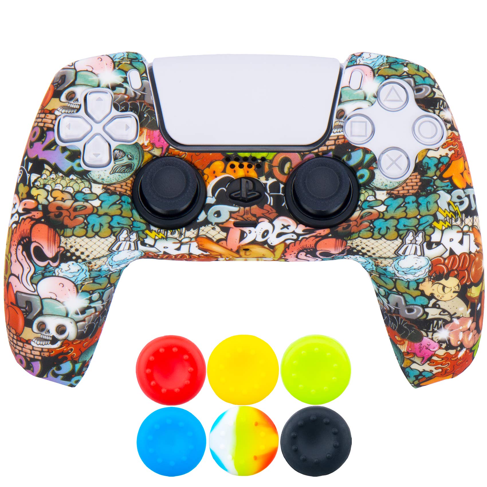 9CDeer 1 Piece of Silicone Transfer Print Protective Thick Cover Skin + 6 Thumb Grips for Playstation 5 / PS5 Controller Small Skulls