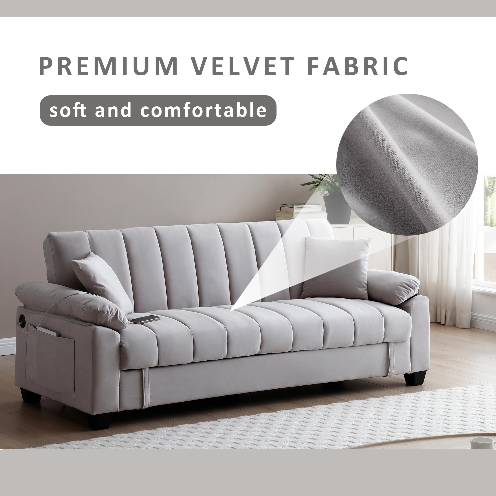 84’’ Convertible Futon for Living Room, Mid-Century Modern Velvet Sofa Bed with Spacious Storage, USB Port & Side Pocket, 3 Level Adjustable Backrest Couch for Small Spaces, Office, Dorm, Pearl Grey