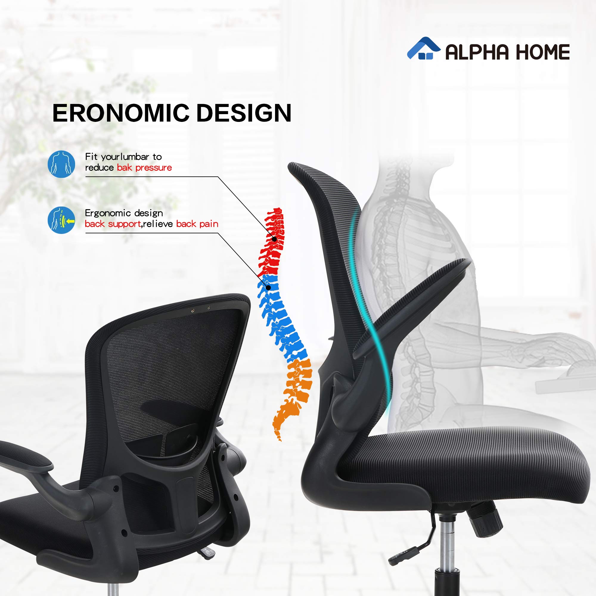 ALPHA HOME Ergonomic Office Chair Mid Back Computer Desk Chair with Flip-up Tufted Armrest Executive Adjustable Chair with Lumbar Support Mesh Rolling Swivel Chair with Casters-Capacity 250LBS