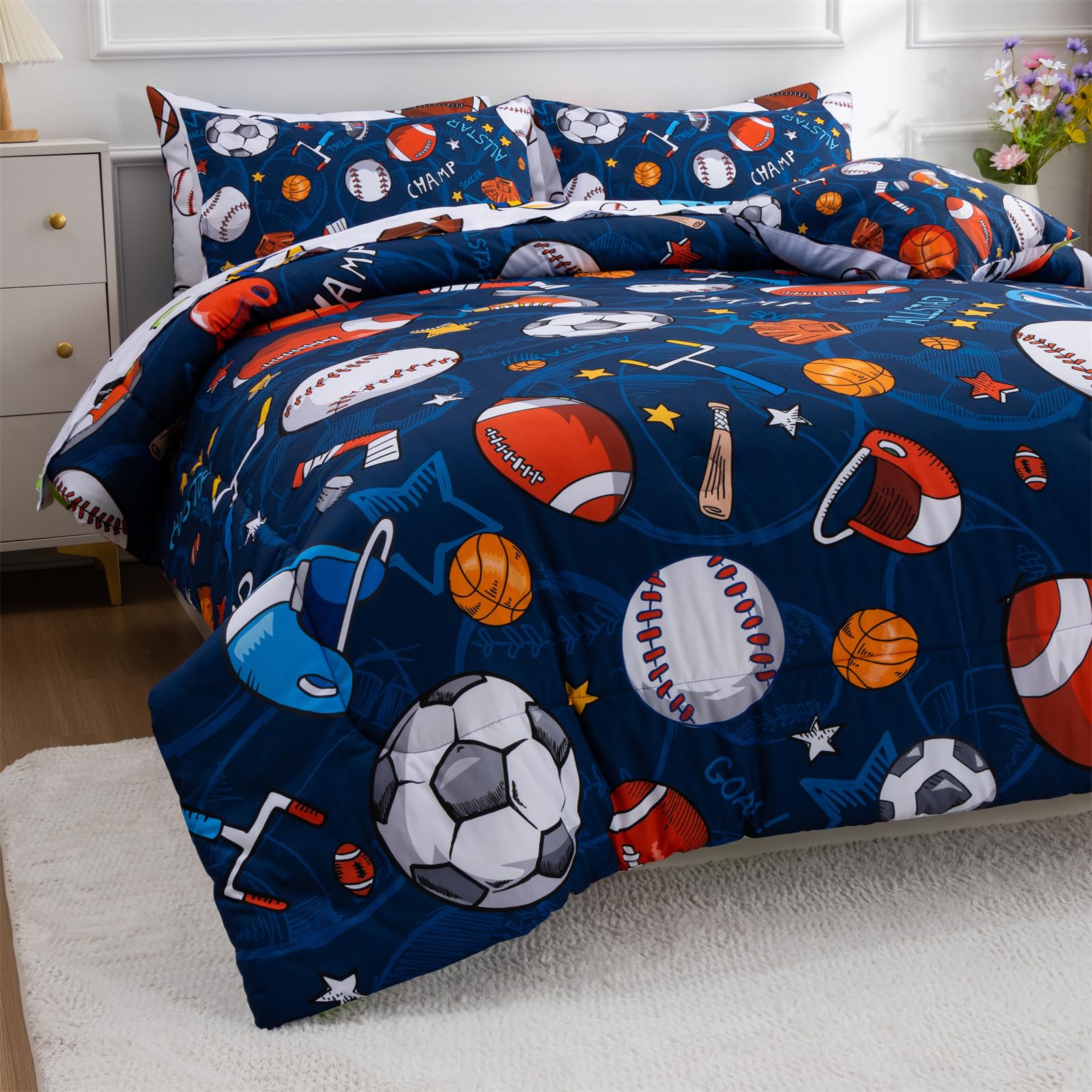 A Nice Night 6Pcs Bed in A Bag Full Sports Microfiber Modern Comforter Set,Navy Rugby Ball Printed Bedding Collections,for Boys Kids Teen