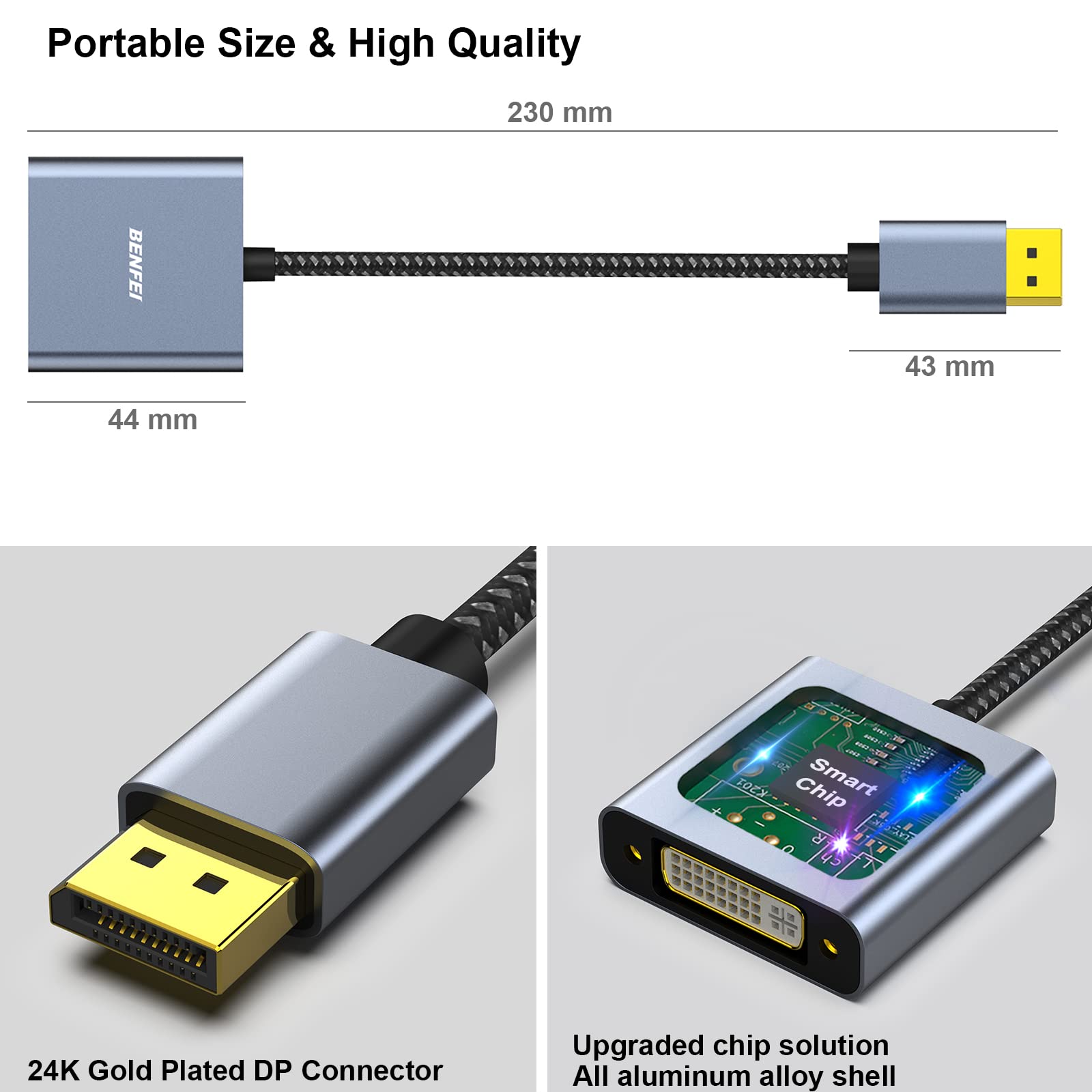 DisplayPort to DVI, Benfei DisplayPort to DVI-D Single Link Adapter Male to Female Adapter Compatible for Lenovo Dell HP and More [Gold-Plated Connectors, Aluminium Shell&Nylon Cable]