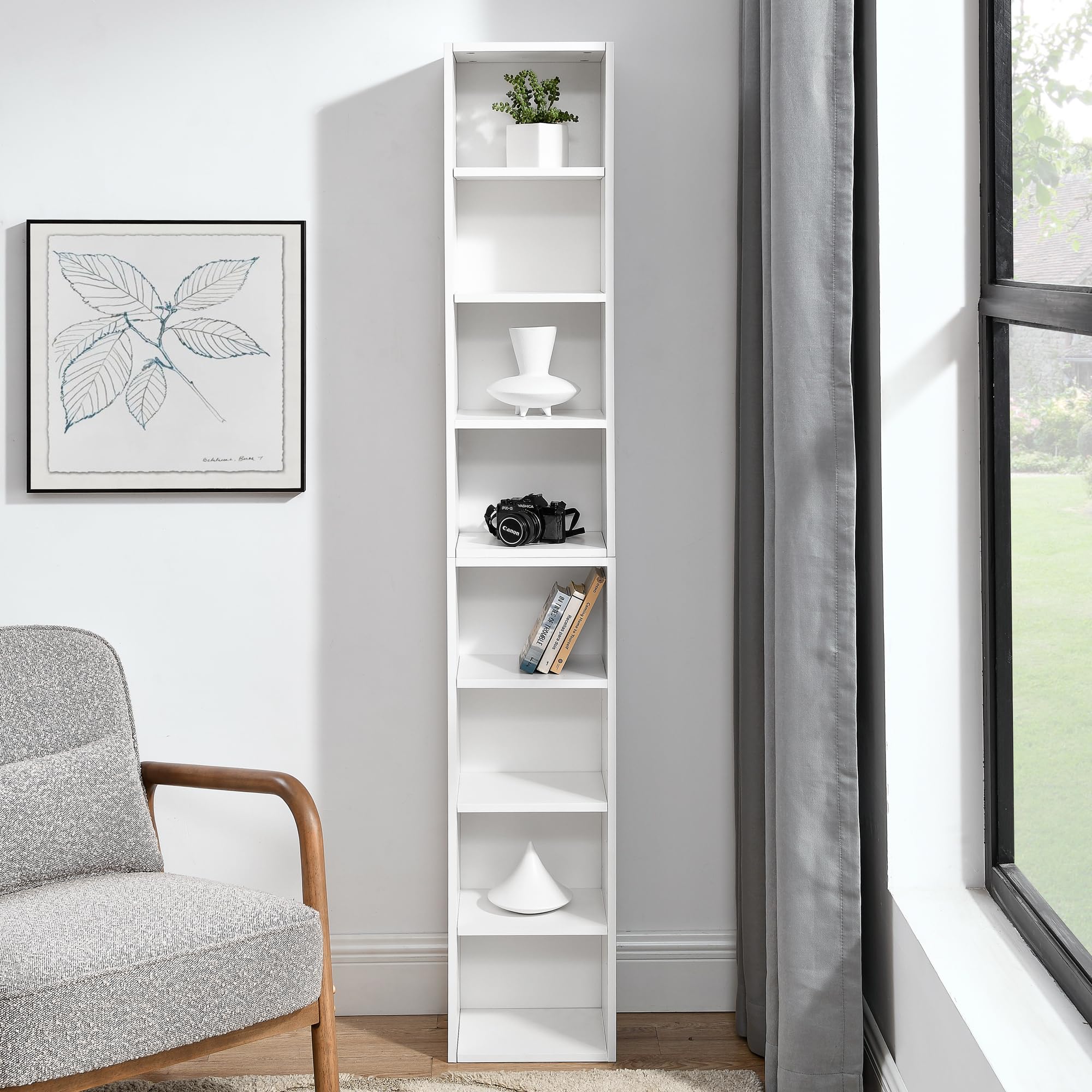SEHAONOHOME 8-Tier Media Tower Rack, CD DVD Slim Storage Cabinet with Adjustable Shelves, Multi Functional Tall Narrow Bookcase Display Bookshelf for Home Office, White