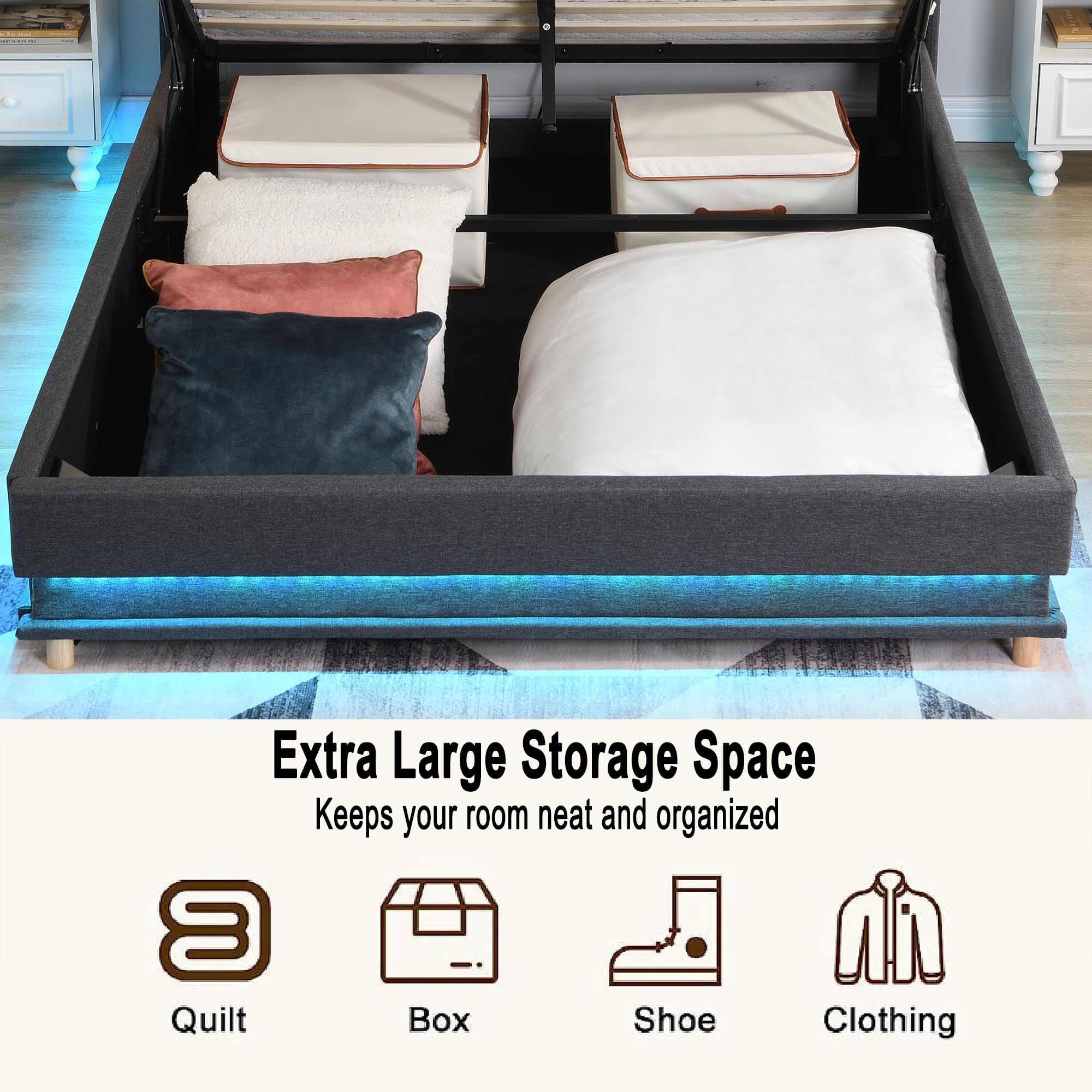 Ailisite King Size Lift Up Storage Bed Frame with Wingback Led Headboard, Upholstered Platform Bed Frame with Hydraulic Lifting Storage&Charging Station, No Spring Box Needed Wood Slats Support