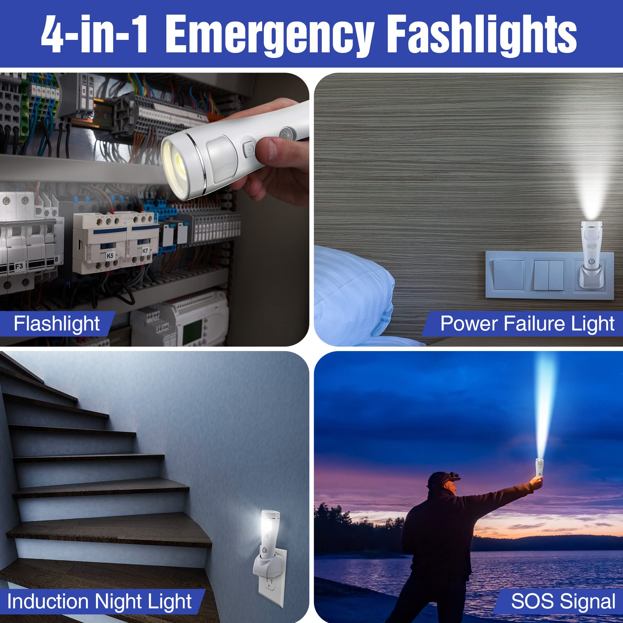 Enhon 4 in 1 LED Rechargeable Plug in Flashlights, 6 Pack LED Emergency Lights for Home Power Failure Emergency, Plug in Power Outage Light, Power Failure Light with Motion Detection (White)