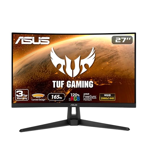 ASUS TUF Gaming 27" 1440P HDR Curved Monitor (VG27WQ1B) - QHD (2560 x 1440), 165Hz (Supports 144Hz), 1ms, Extreme Low Motion Blur, Speaker, FreeSync Premium, VESA Mountable, DisplayPort, HDMI , BLACK